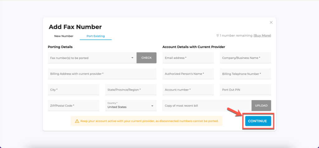 How to port over an existing number - iFax